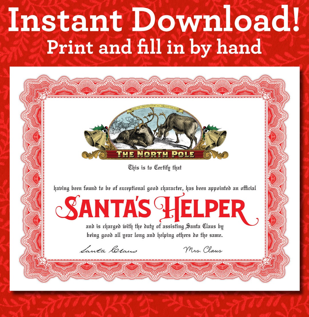 Santa's Helper Certificate PDF Instant Download Printable - Etsy
