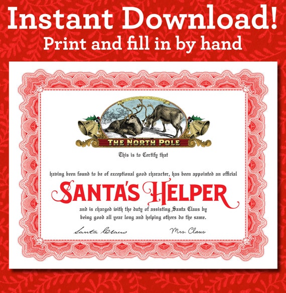 Santa's Helper certificate PDF instant download printable | Etsy