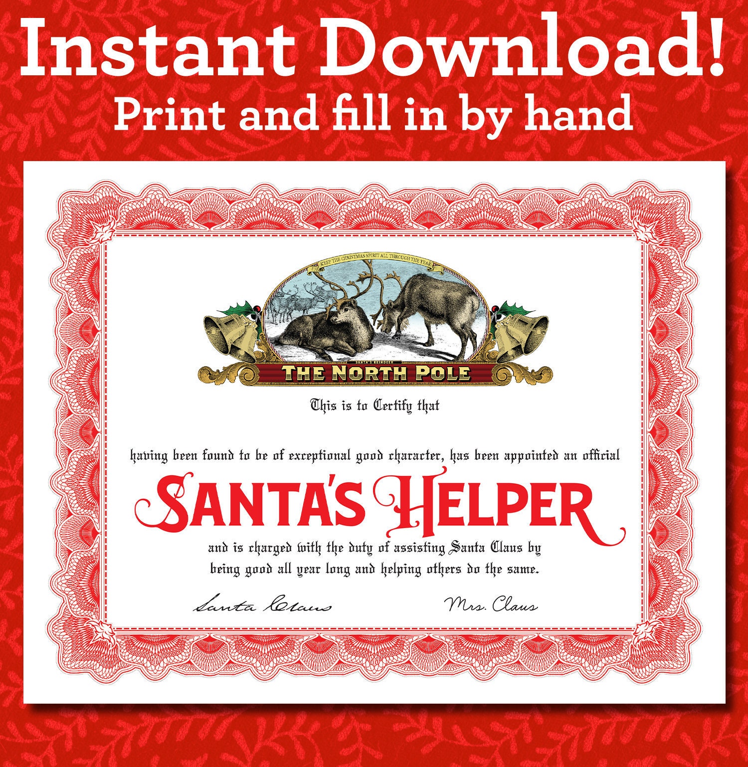 Santa's Helper Certificate PDF Instant Download Printable - Etsy
