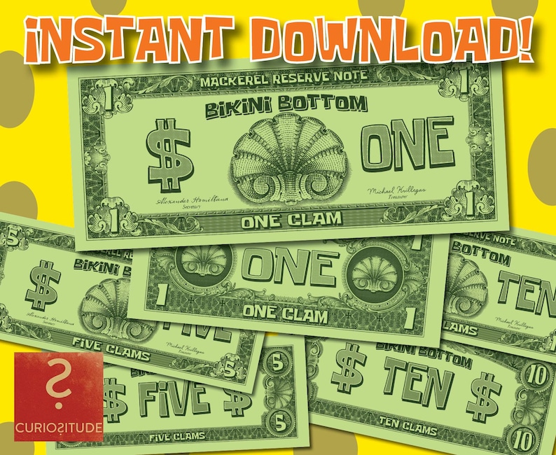 Bikini Bottom Clams Play Money Dollar Bills Instant Download Printable ...