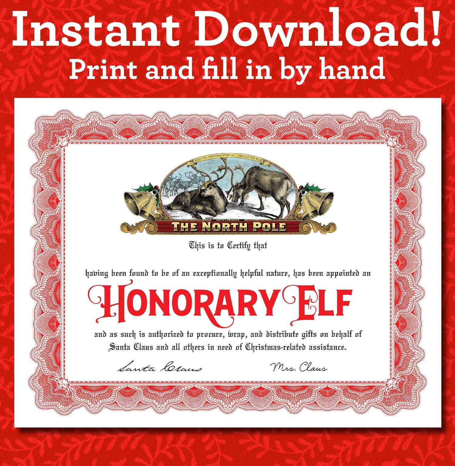 Honorary Elf Certificate From the North Pole PDF Instant Download ...