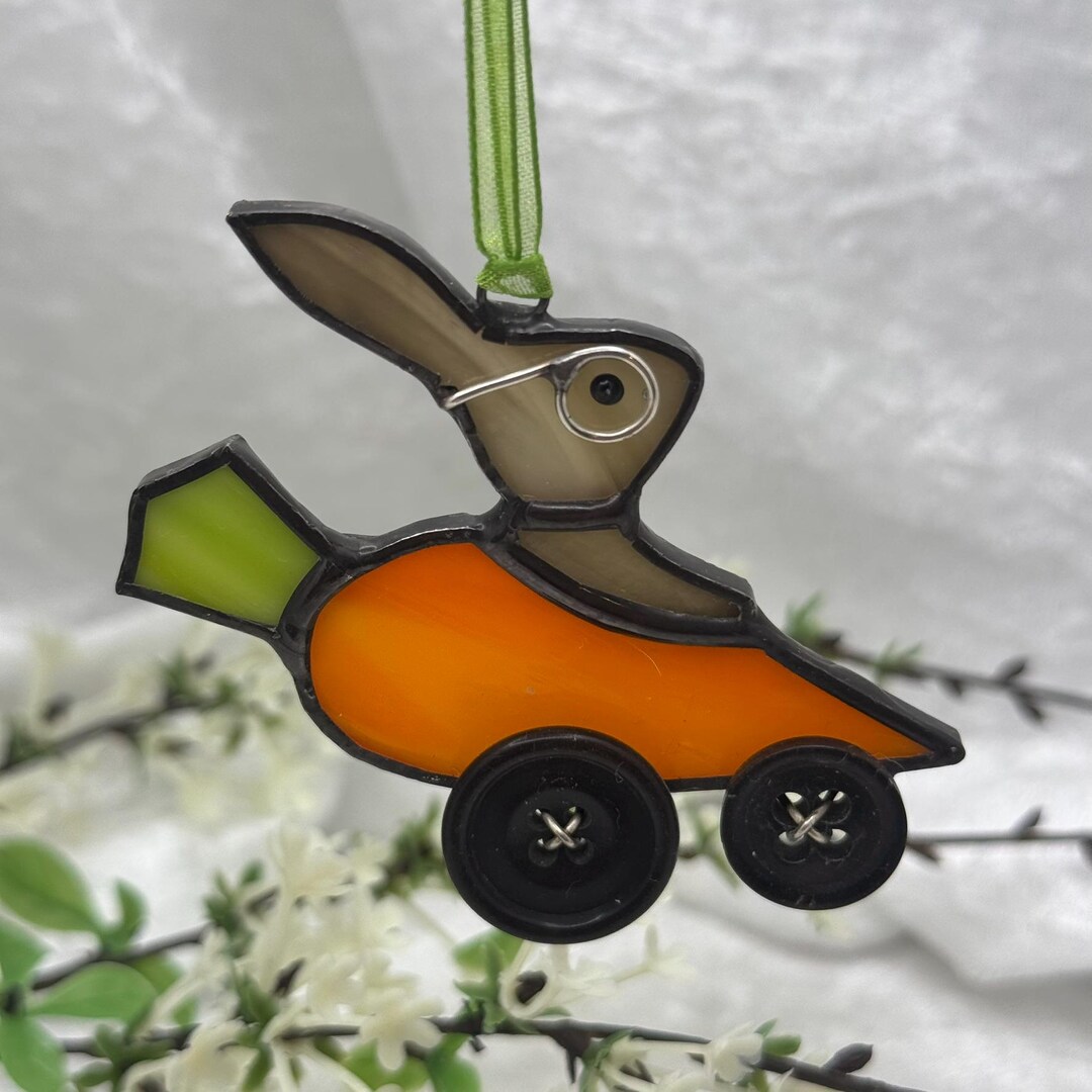 Stained Glass Rabbit in Carrot Car Easter Decoration, Spring Home Décor ...