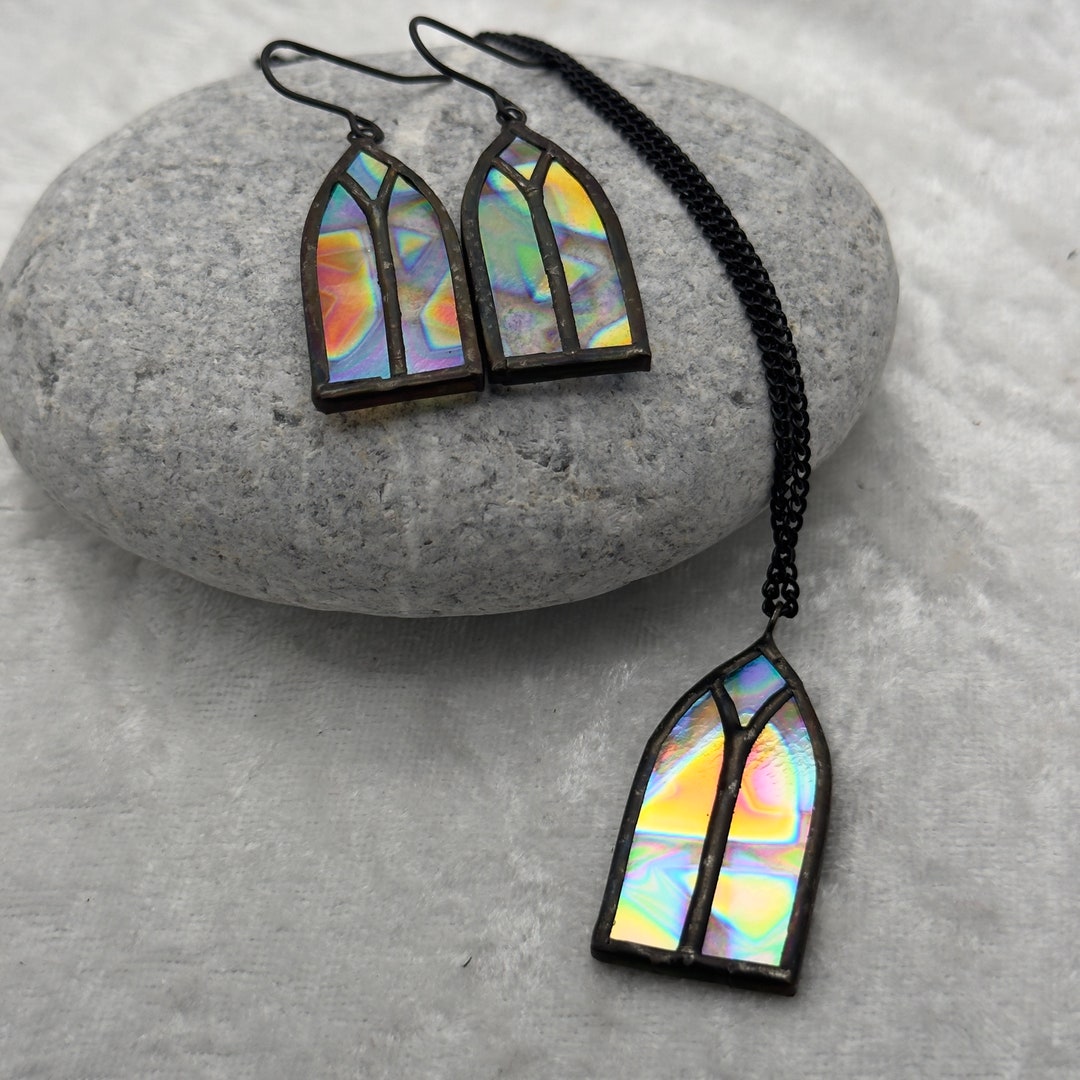 Stained Glass Window Earrings and Pendant Set, Gothic Arch Colour ...