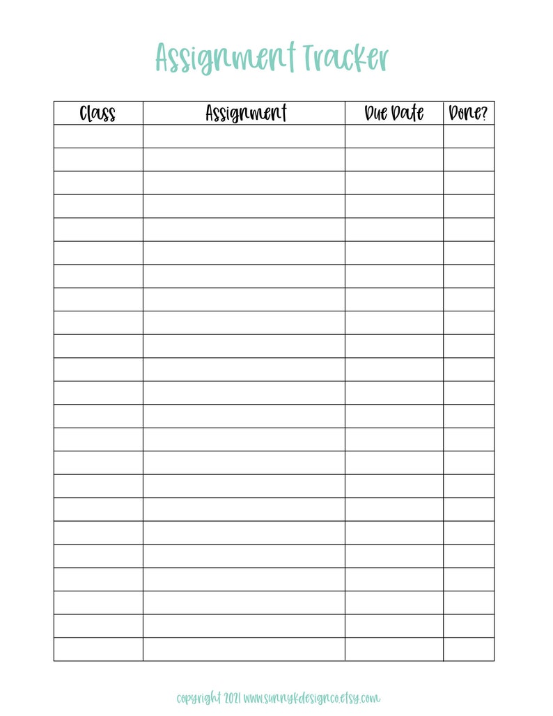 Printable Assignment Tracker Rainbow Assignment Tracker | Etsy