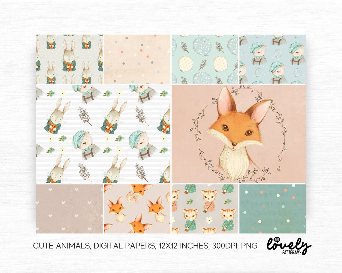 Cute Animals Watercolor Theme, Bear Digital Paper, Bunny Pattern ...