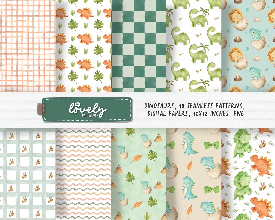 Set 10 Dinosaurs Seamless Digital Papers, Dino Scrapbook Paper, Dino ...