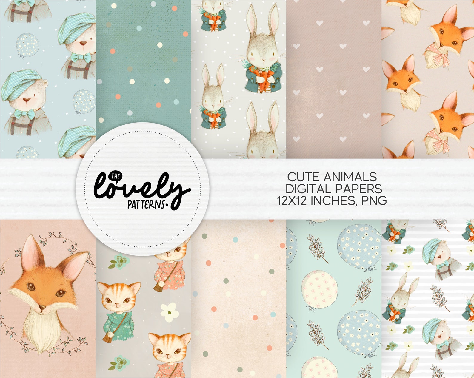 Cute Animals Watercolor Theme Bear Digital Paper Bunny - Etsy