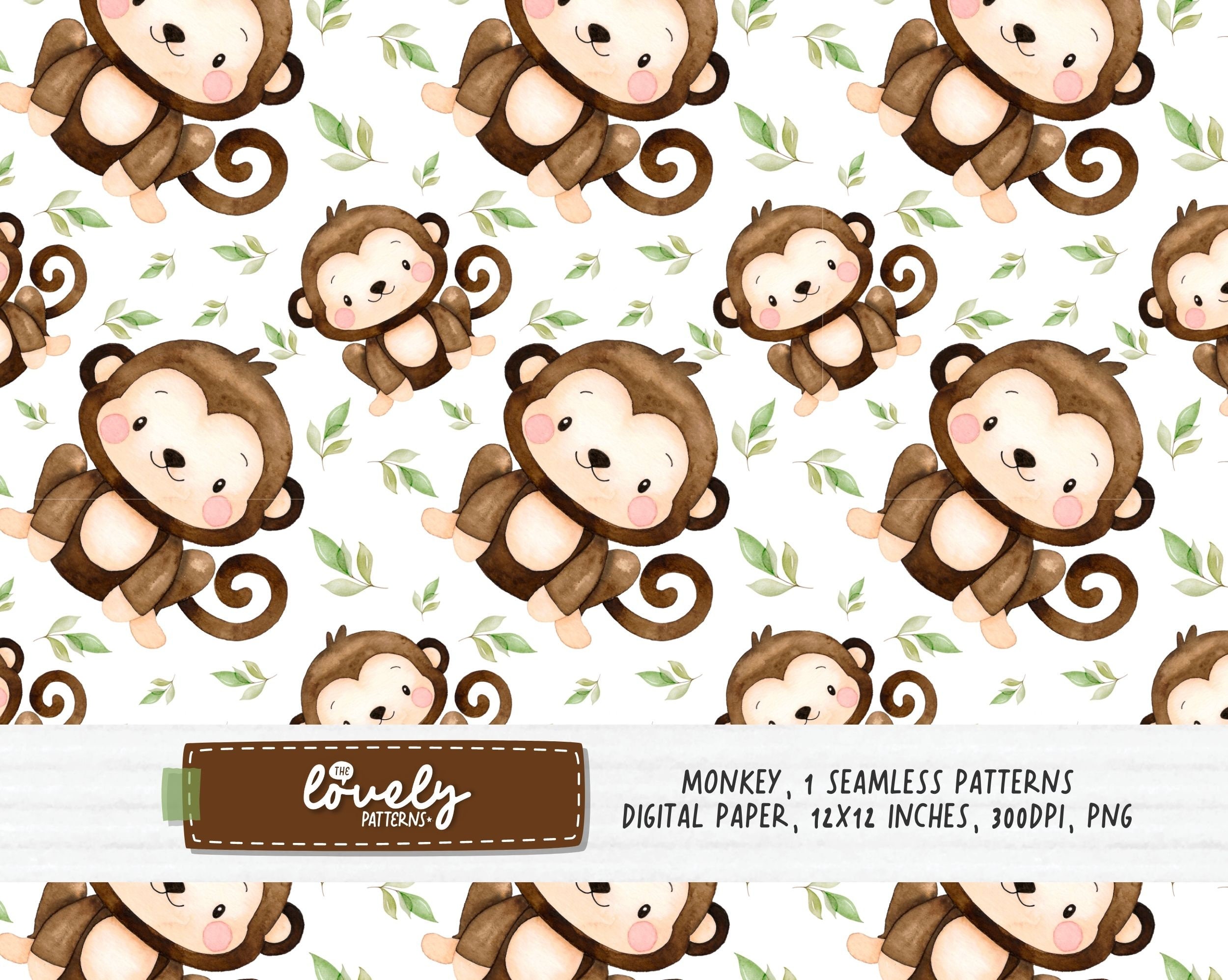 1 Seamless Digital Pattern, Monkey Paper Printable, Animals Watercolor ...