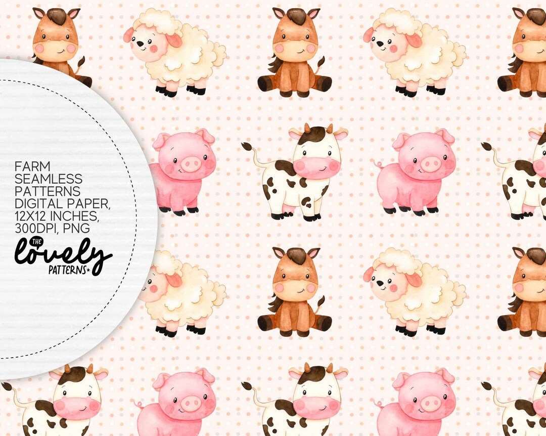 1 Seamless Digital Pattern, Farm Paper Printable, Animals Watercolor ...