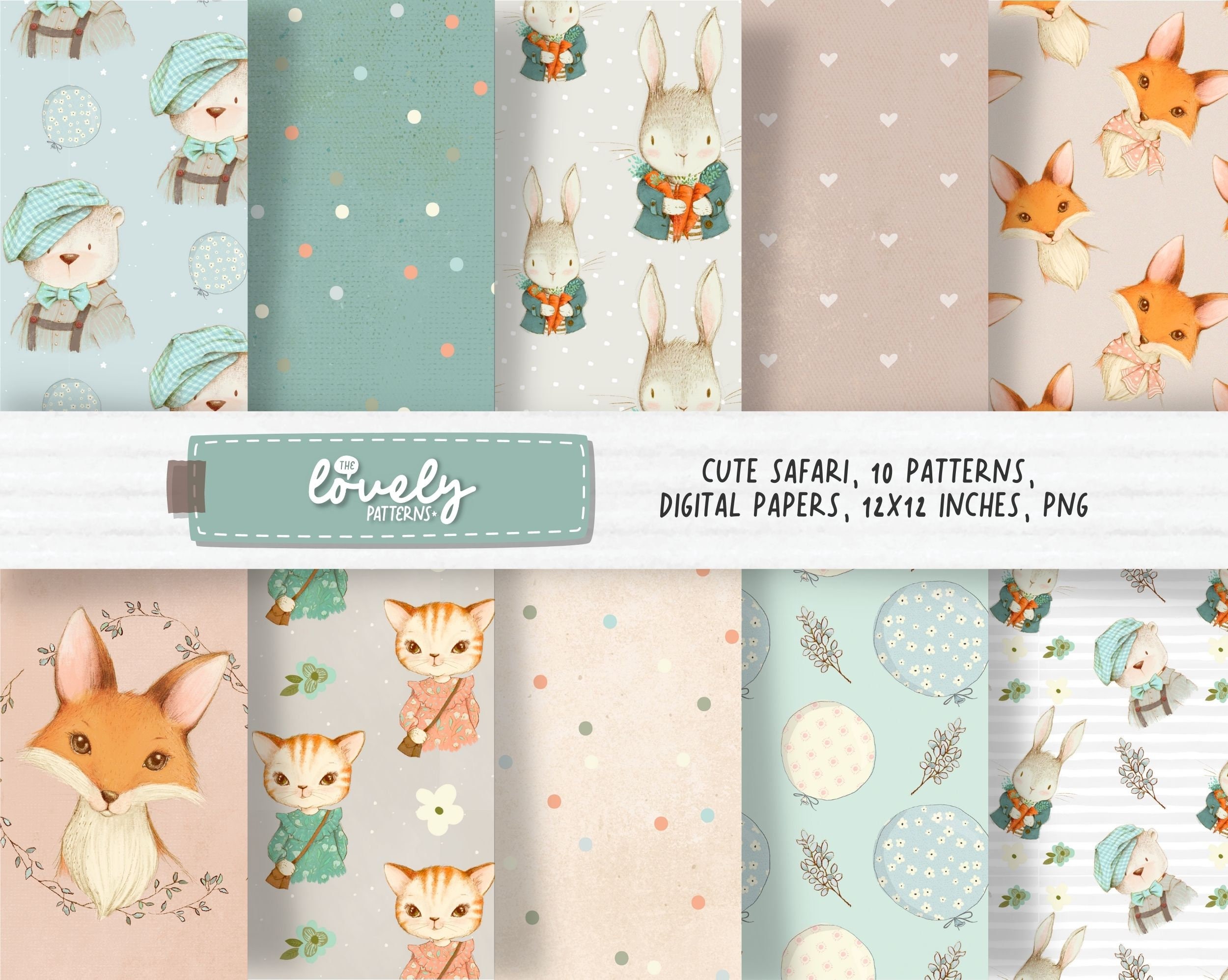 Cute Animals Watercolor Theme, Bear Digital Paper, Bunny Pattern ...