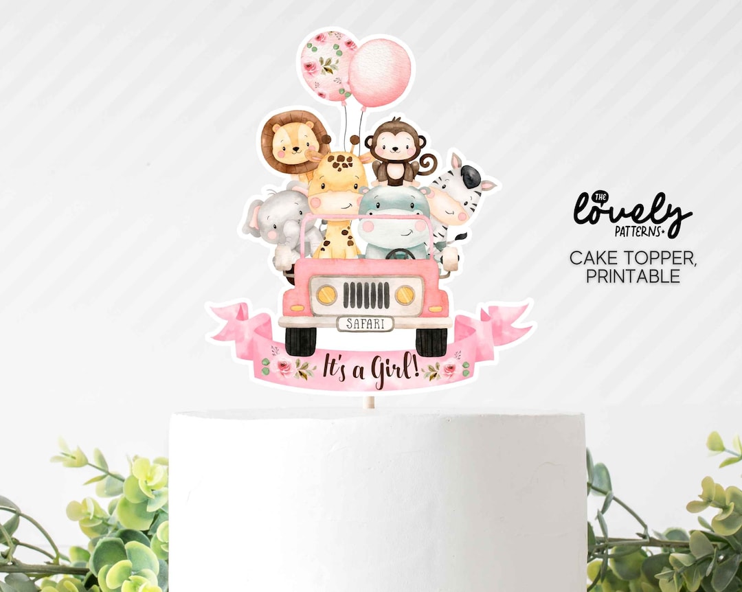 Pink Safari Cake Topper Printable, Safari Baby Shower Cake Topper ...
