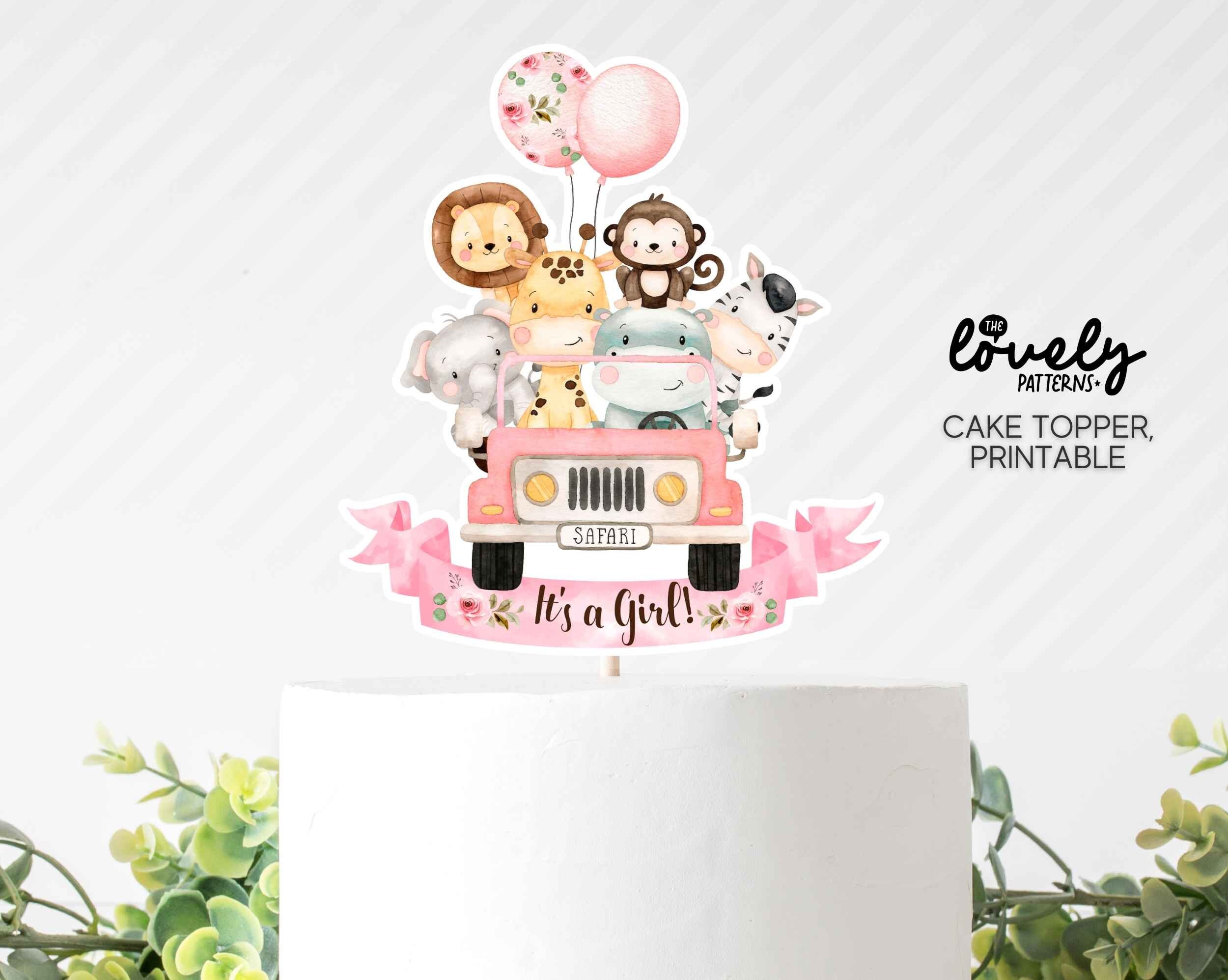 Pink Safari Cake Topper Printable, Safari Baby Shower Cake Topper ...