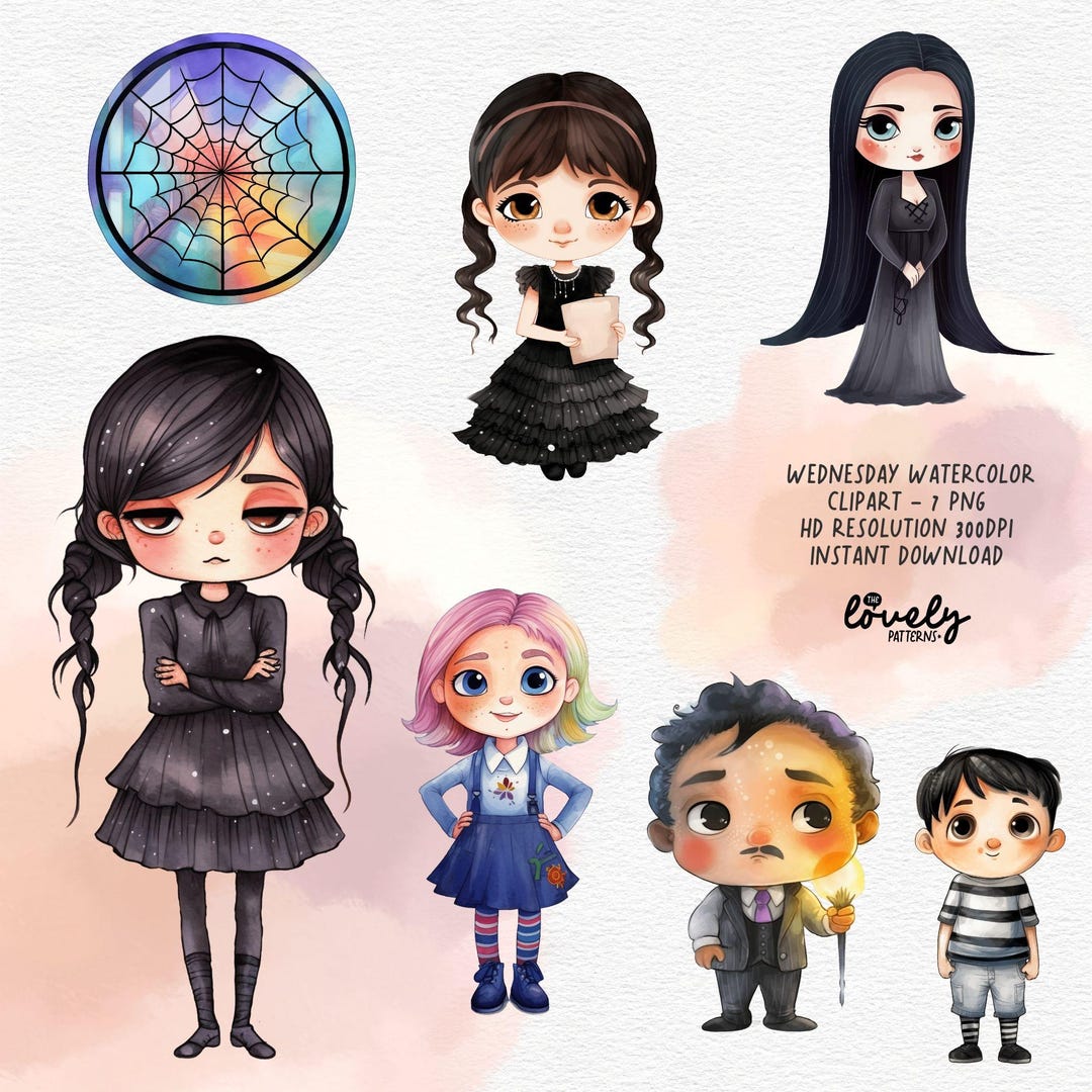 Wednesday PNG, Wednesday Watercolor Clipart, Wednesday Adams, Character ...