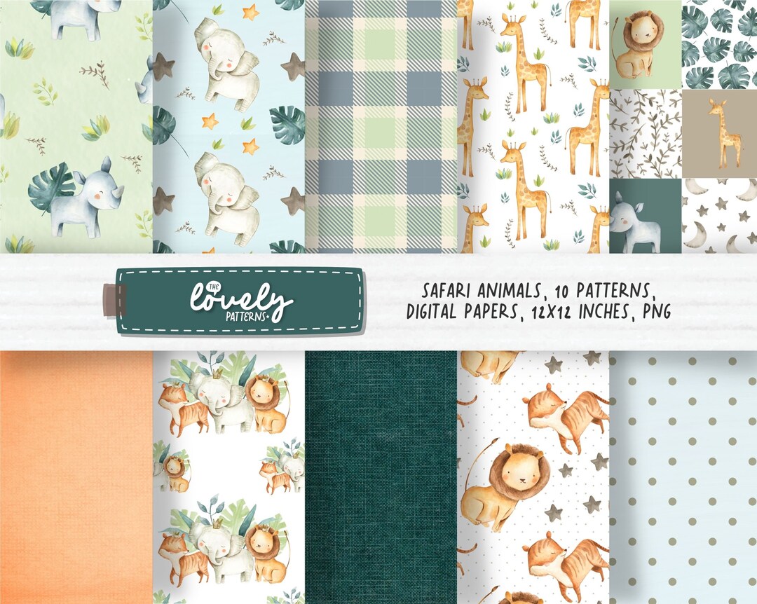 Safari Animals Digital Paper, Jungle Safari Paper, Watercolor ...