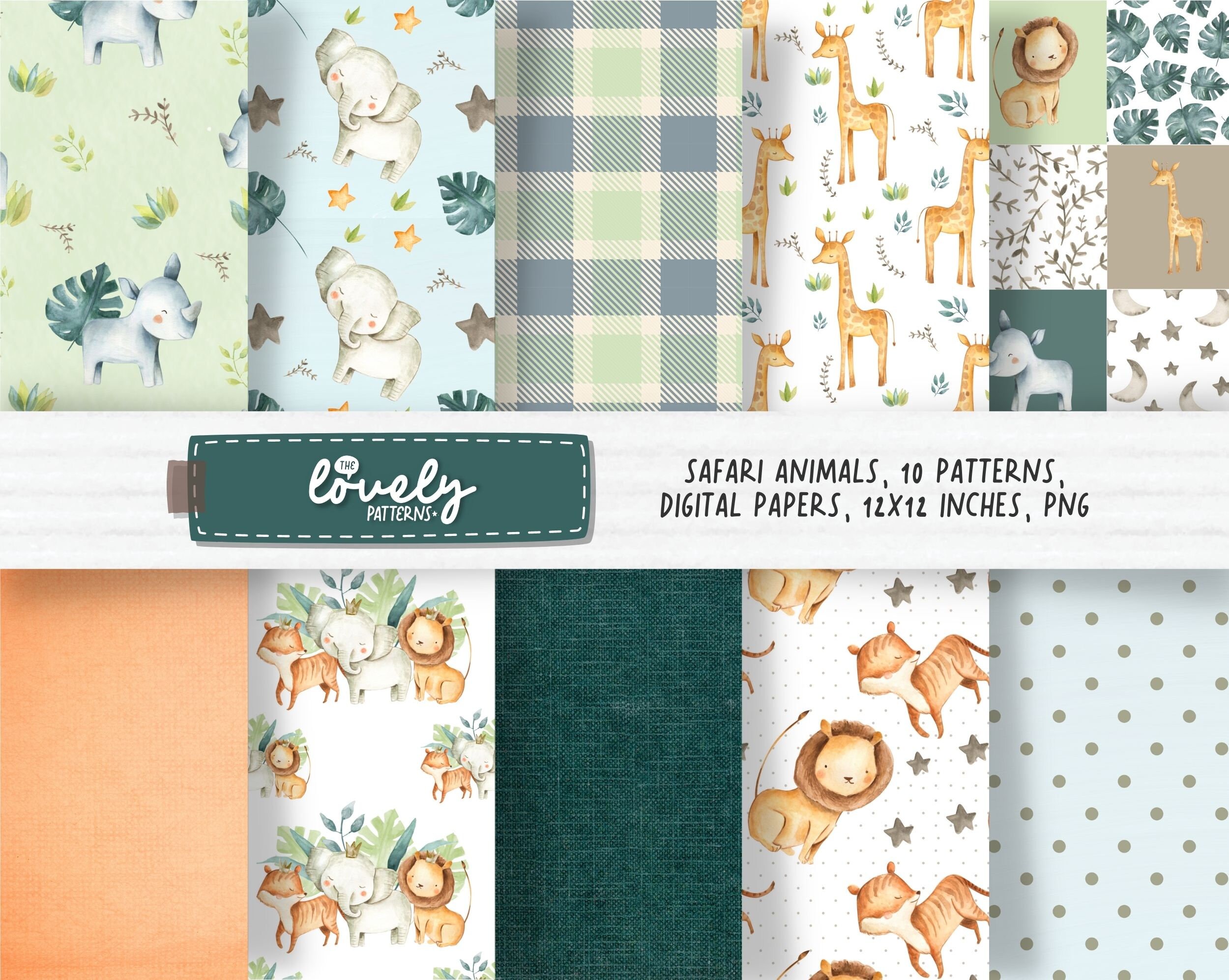 Safari Animals Digital Paper, Jungle Safari Paper, Watercolor ...