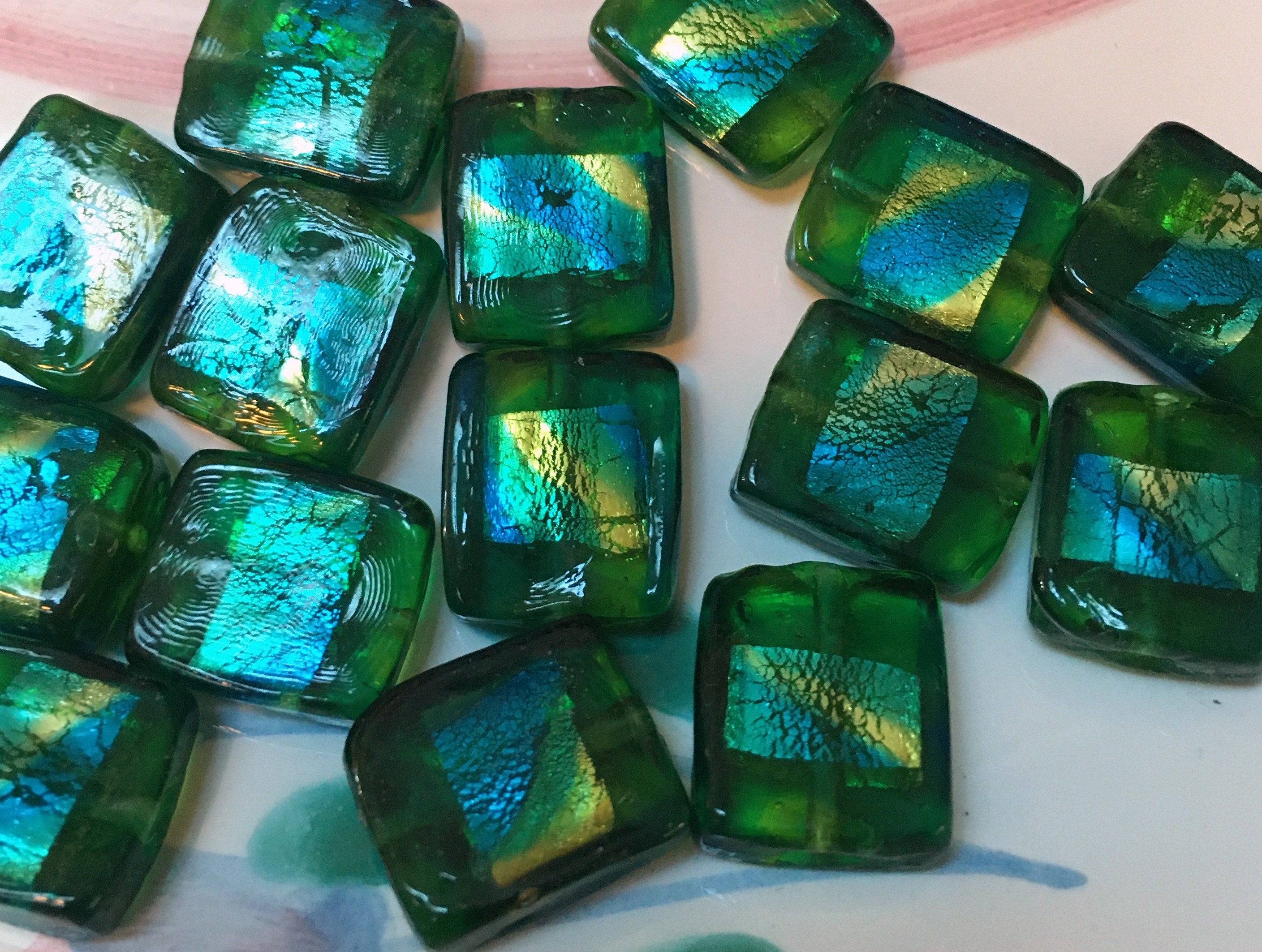 Emerald Green Foil-lined Lampworked Beads With Turquoise and Gold ...