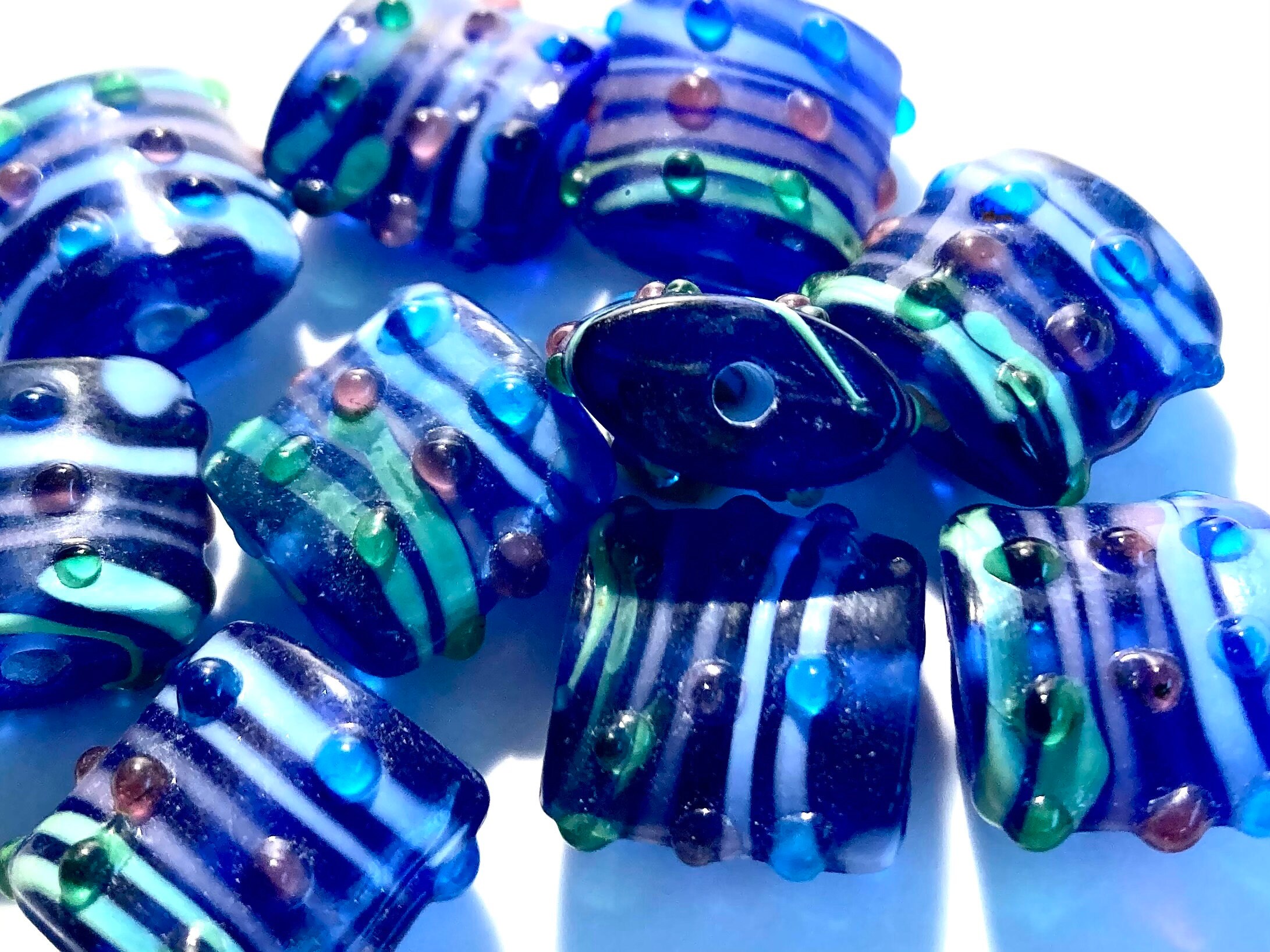 4 Bumpy, Striped, Blue and Green, Puffed Square, Lampwork Glass Beads ...