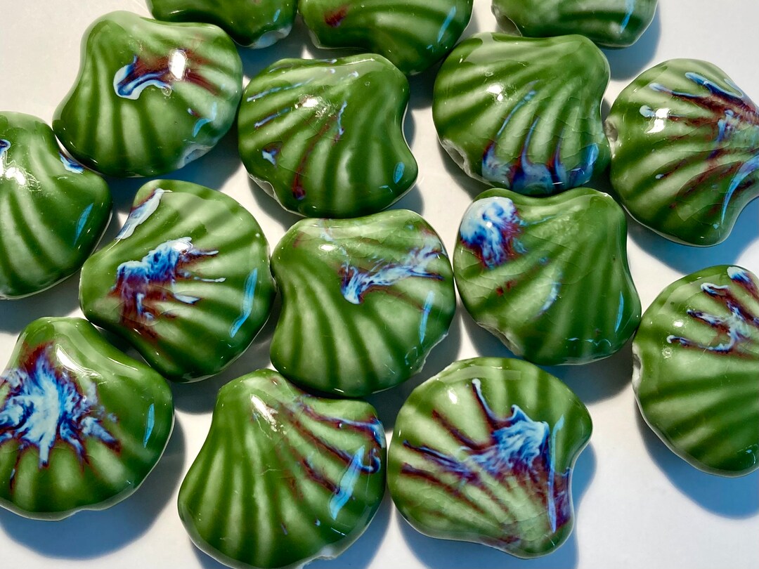Jumbo Porcelain Scallop Shell Bead in Greens, Blues & Violets - 3 Beads ...