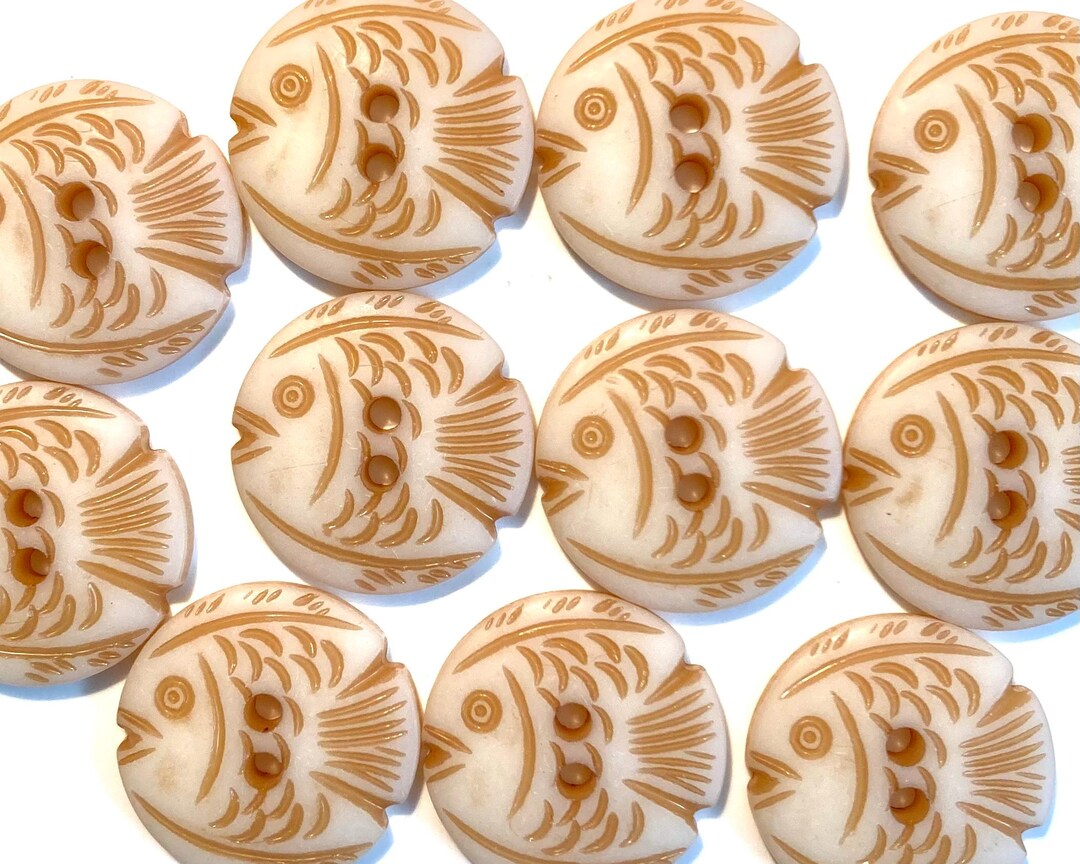 3 Engraved Round Fish Buttons - 2 Hole - Brown on Beige - Approximately ...