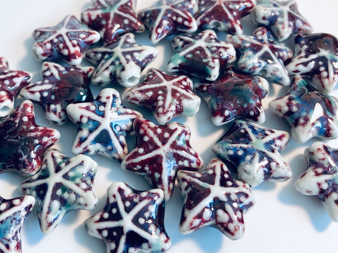 Aqua and Maroon on White, Glazed Ceramic Starfish Beads 4 Beads ...