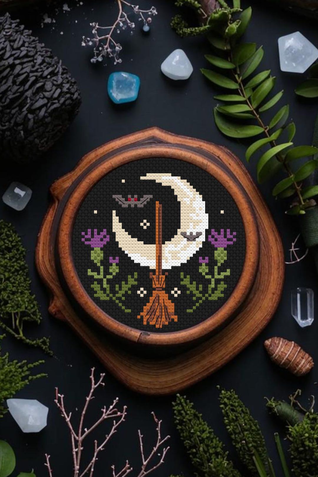 Mini Cross Stitch Pattern Moon Witchy Cross Stitch Thistle Flowers ...