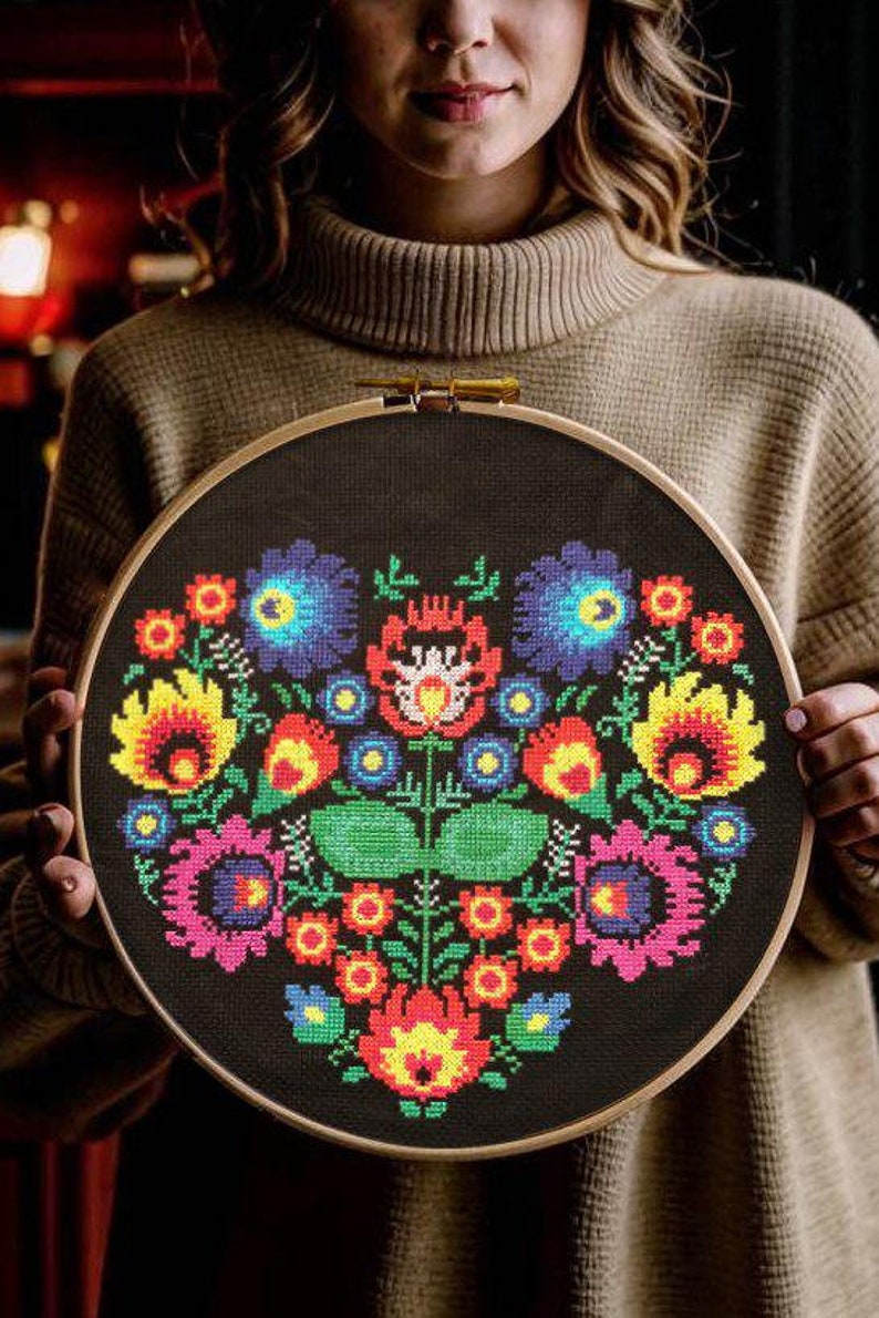 Polish Folk Floral Cross Stitch Pattern: Heart Embroidery (digital ...