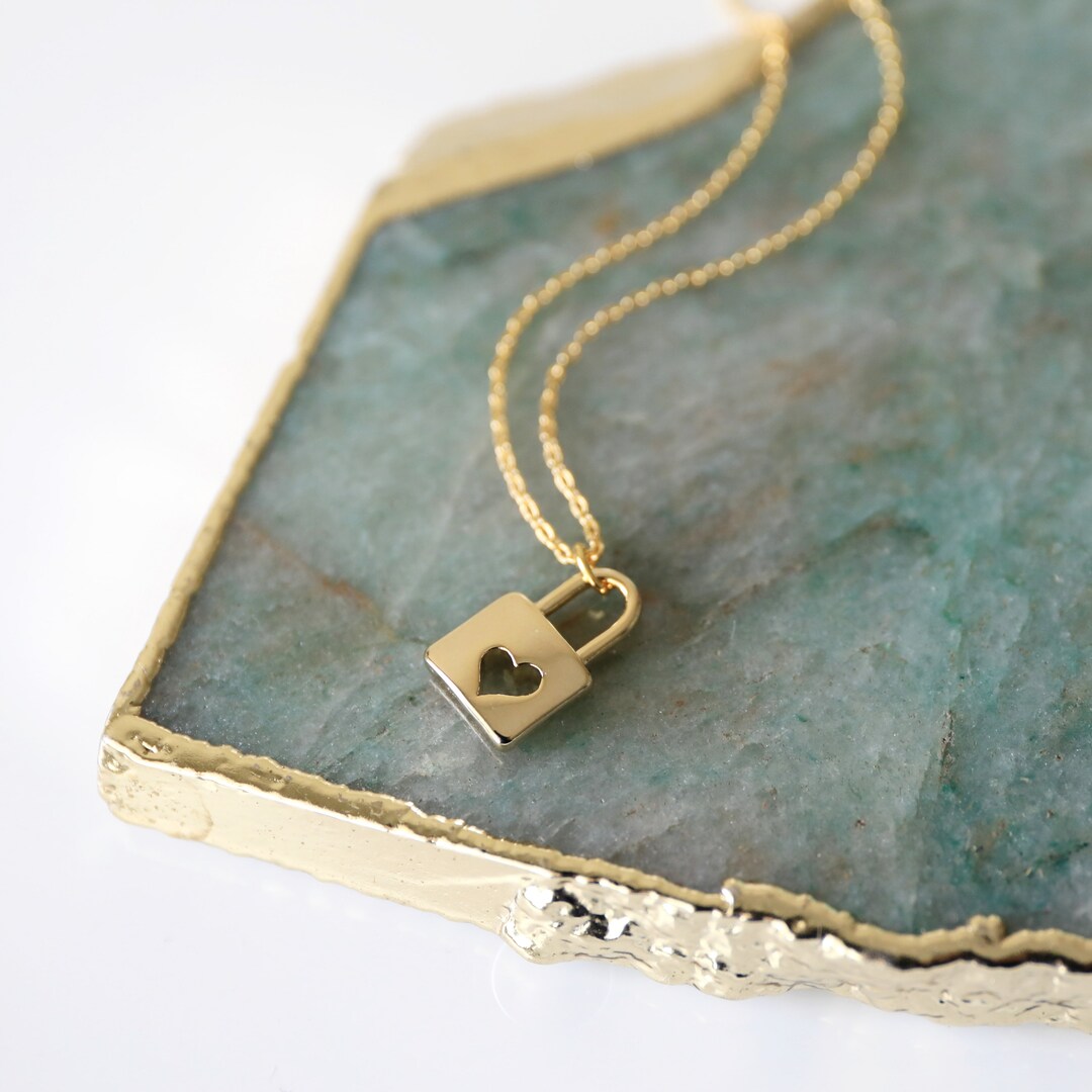 Gold Lock Charm Necklace, Cutout Heart Jewelry - Etsy