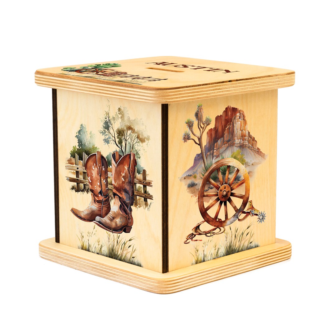 Wooden Piggy Bank for Kids, Personalized Gift, Western Piggy Bank for ...