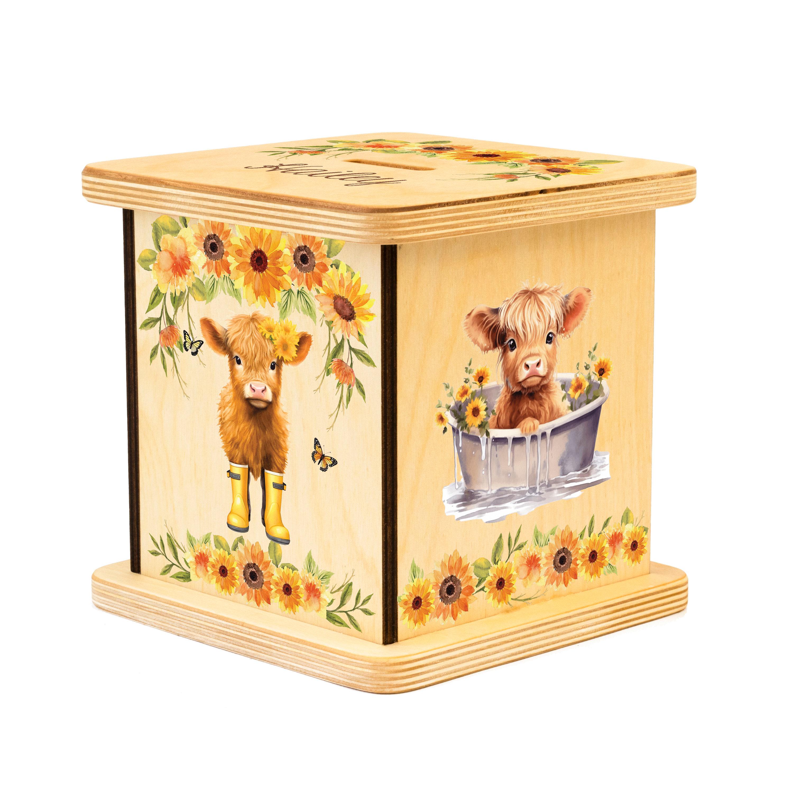 Wooden Piggy Bank for Girls, Personalized Gift, Highland Cow Sunflower ...