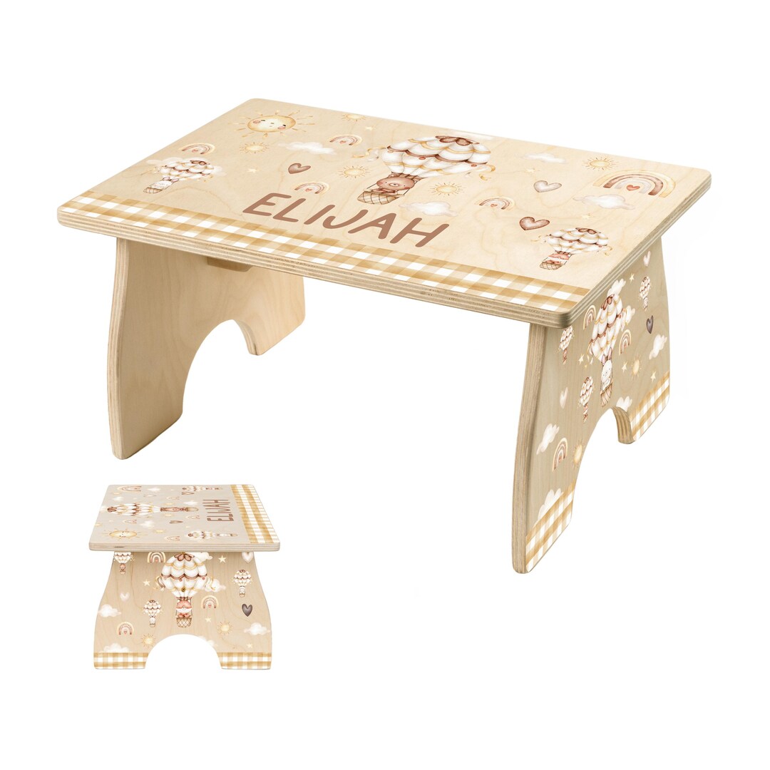 Teddy Bear Air Balloon Step Stool for Kids, Toddler Step Stool, Wooden ...