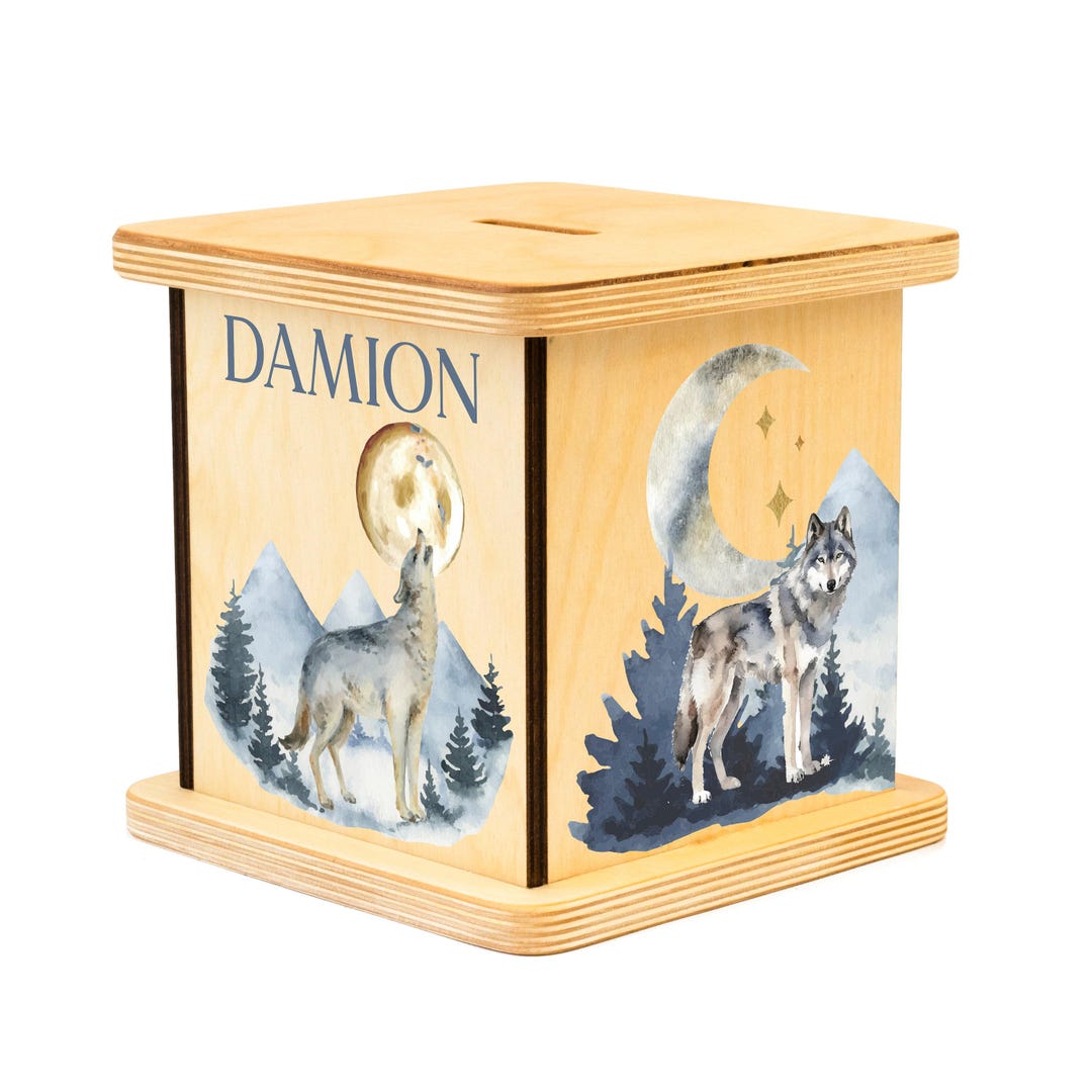 Wolf Piggy Bank, Personalized Coin Bank, Wooden Piggy Bank, Educational ...