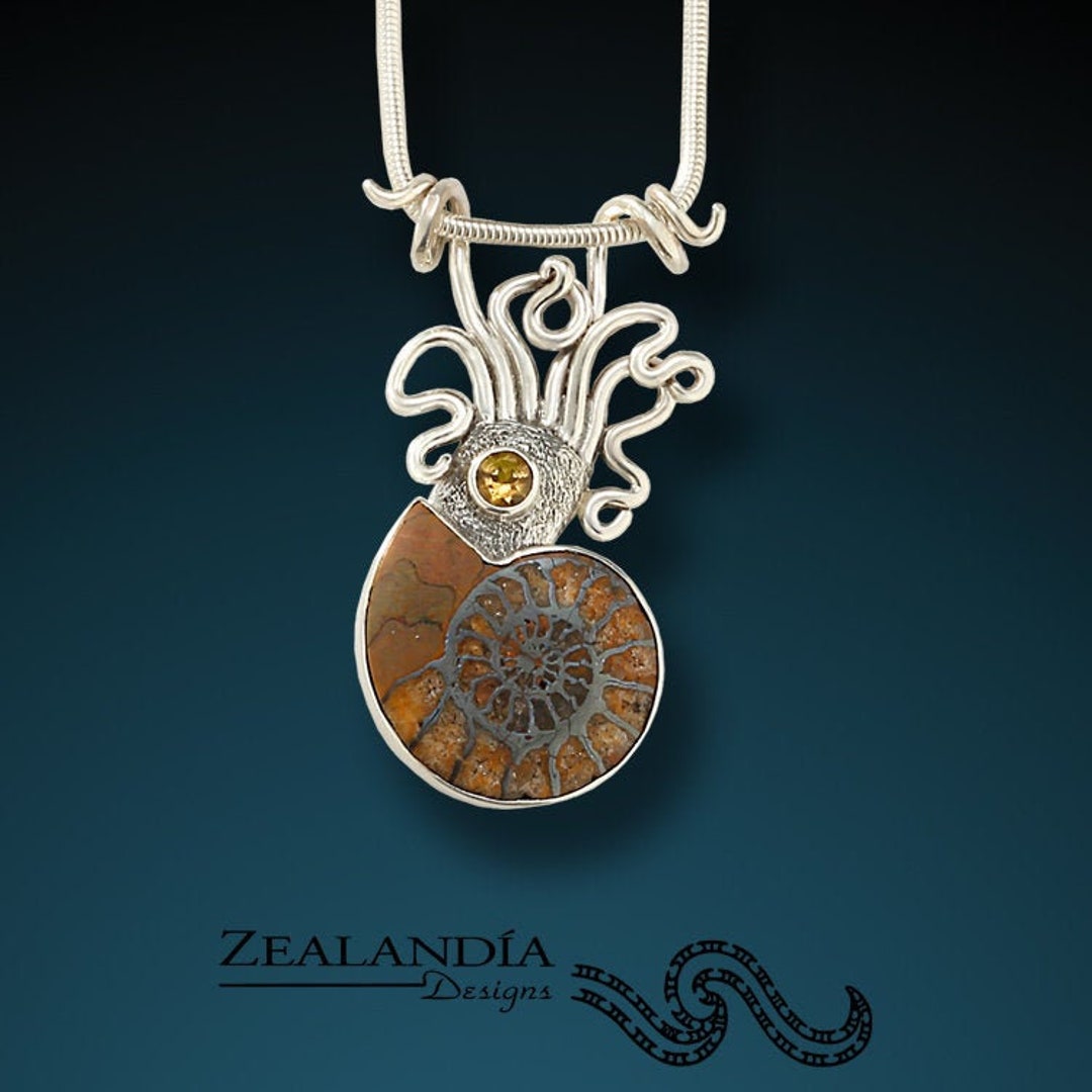Squid Pendant - Ammonite With Citrine, Sterling Silver, Ocean Jewelry ...