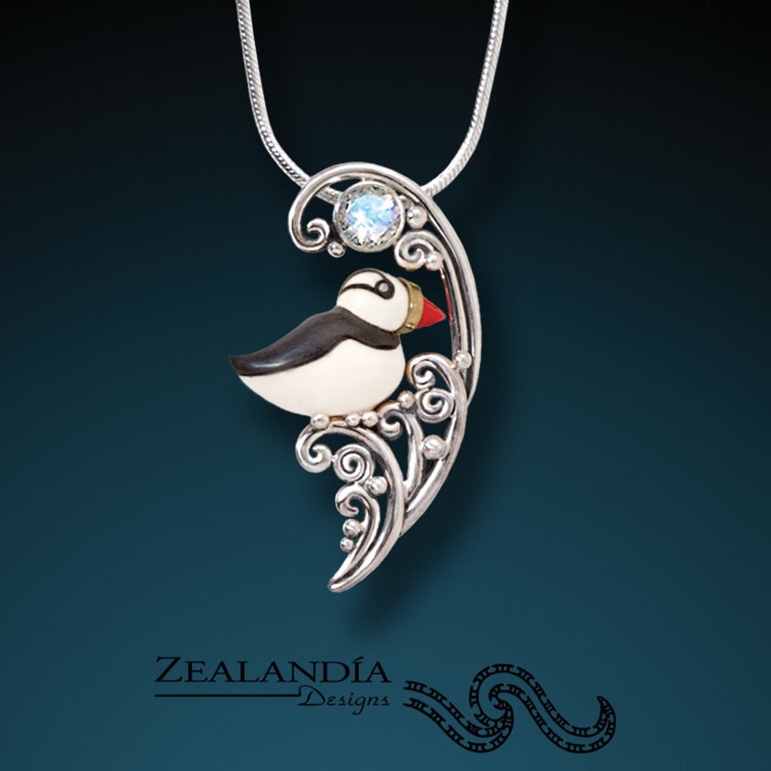 Puffin Jewelry - Puffin Pendant With Rainbow Moonstone, Indonesian Cow ...
