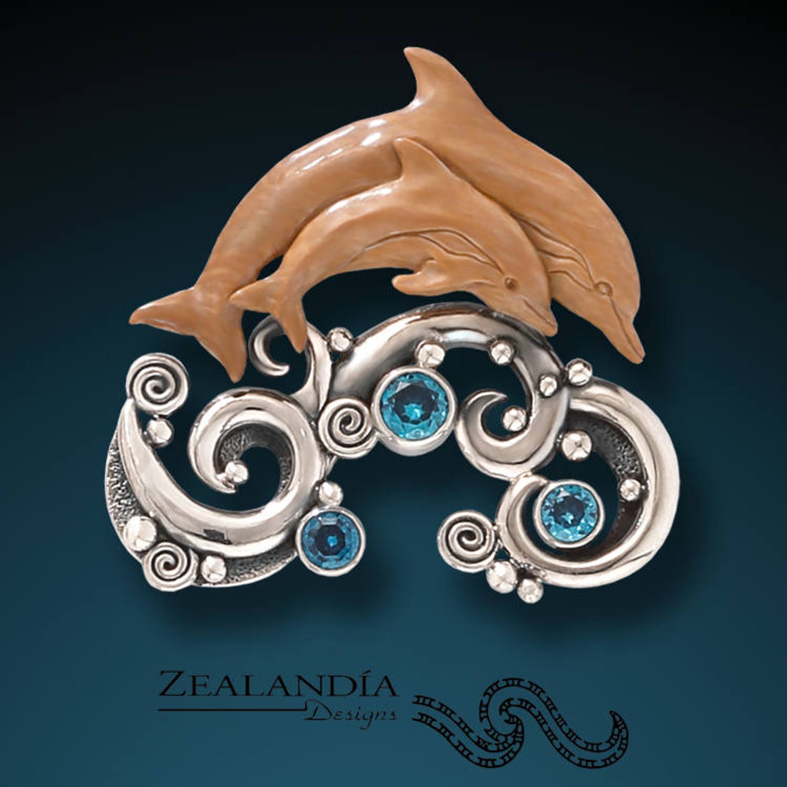 Sterling Silver Dolphin Pin Pendant- Hand Carved Tagua and Blue Topaz ...