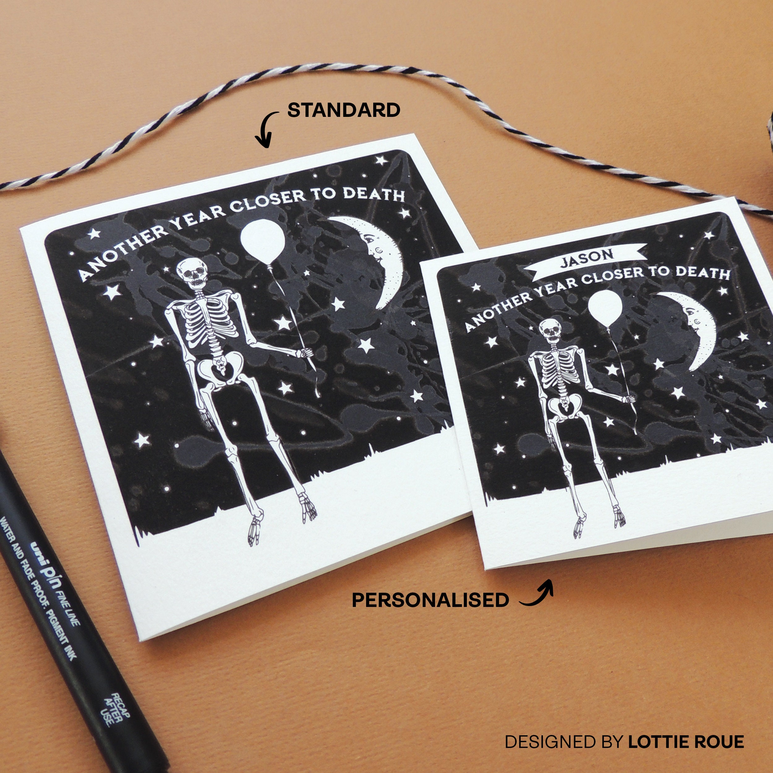 Customisable Skeleton B&W Illustrated Birthday Card, Quirky, Unique ...