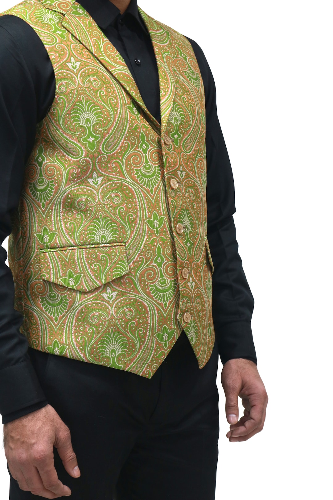 Green and Brown Colour Victorian Vest With Five Button and Notch Lapel ...