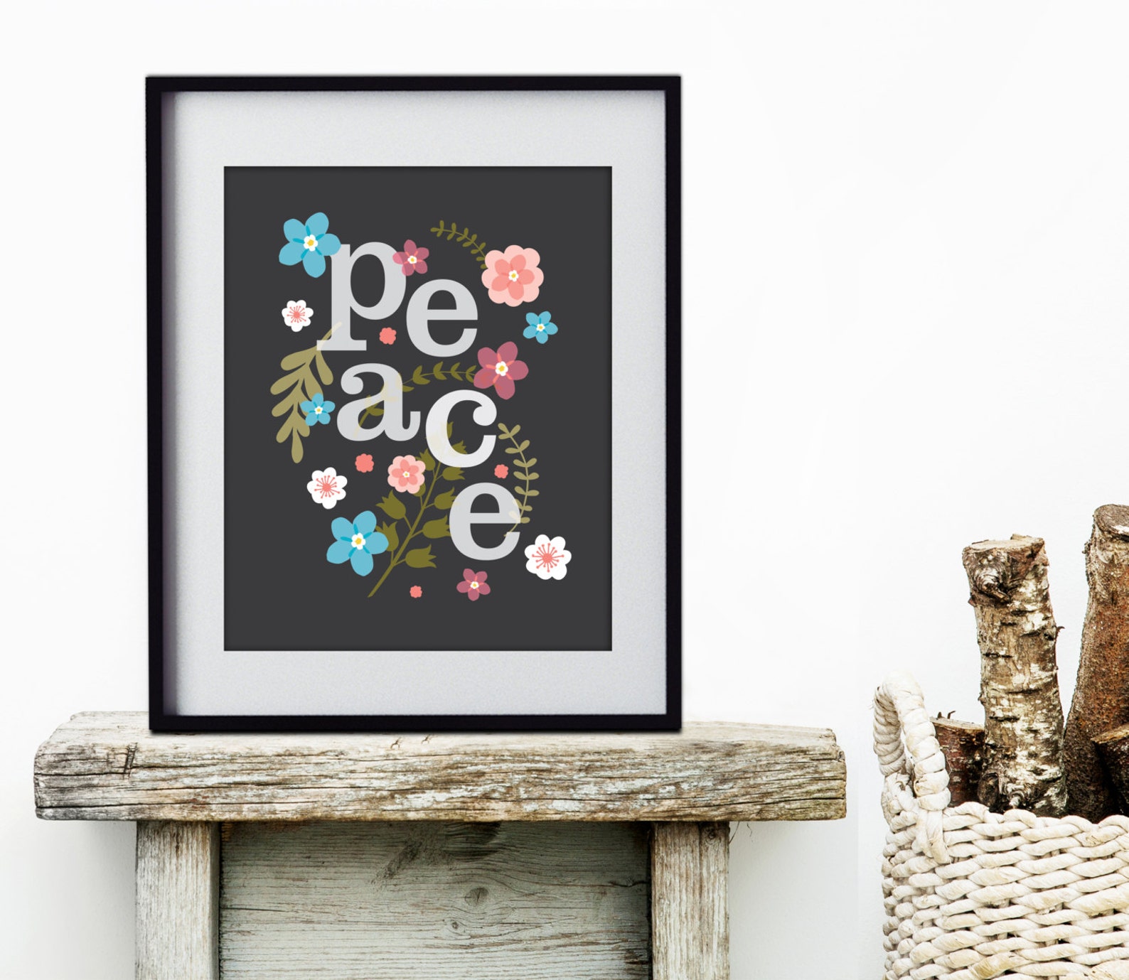 Printable Art, Peace Floral Art Print, Chalkboard Wall Art, Dorm Decor ...