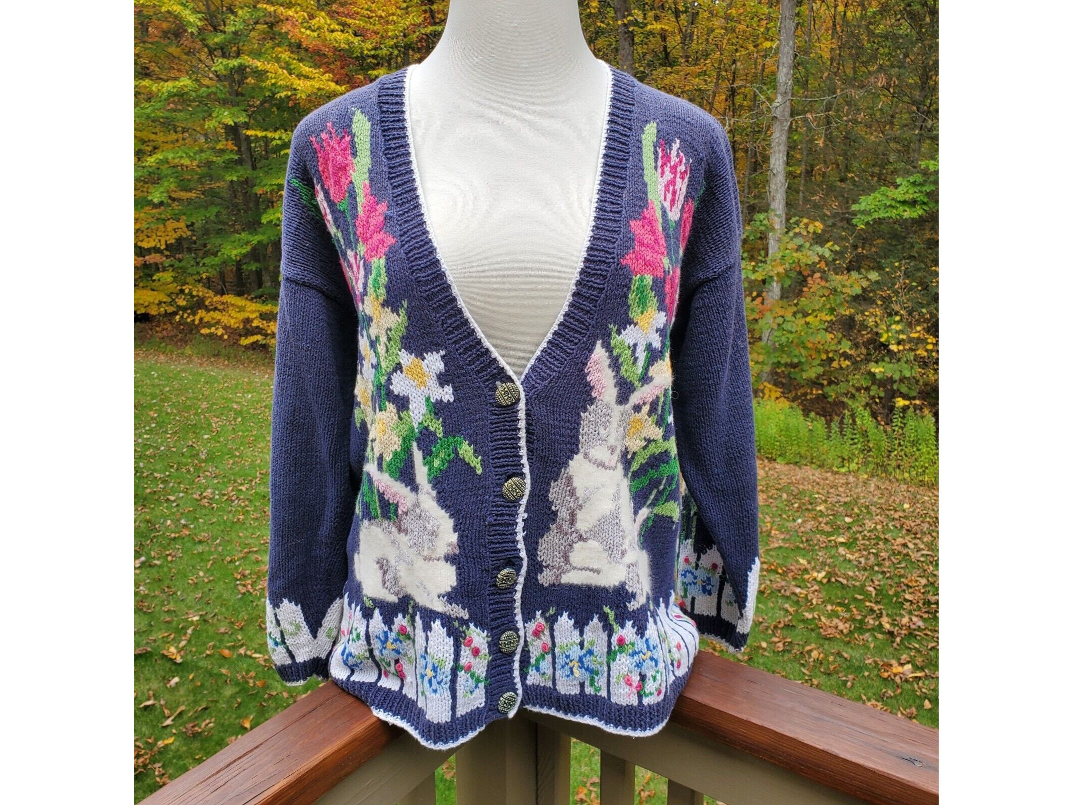 Design Options Easter Egg Cardigan Sweater Large Furry Bunny Rabbit ...