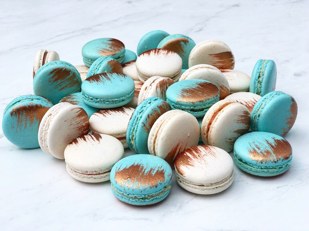 1 Dozen White and Baby Blue Macarons With Gold Brush Stroke - Etsy