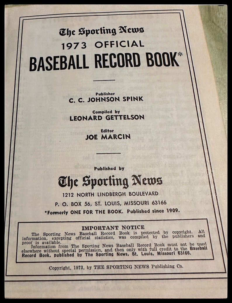 The Sporting News Official 1973 Baseball Record Book - Etsy