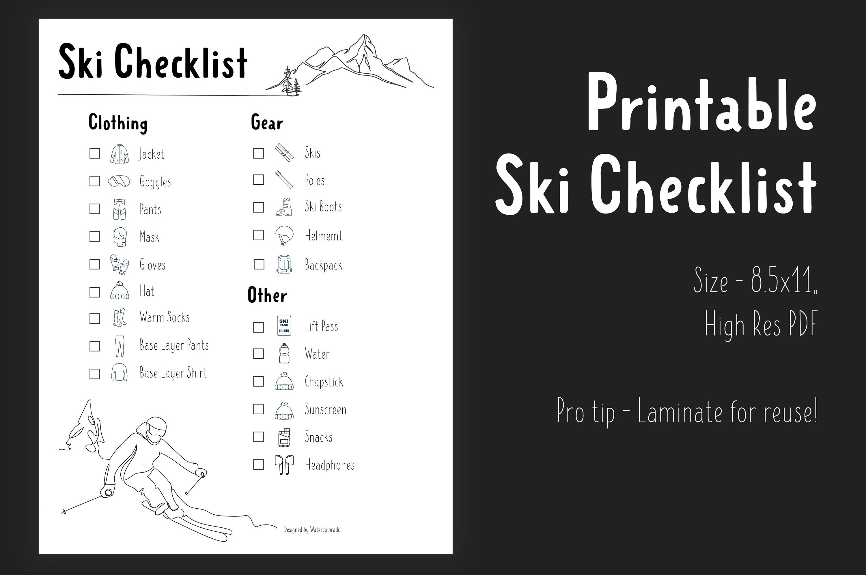 Printable Ski AND Snowboarding Checklist. Ski Planner. Snowboard ...