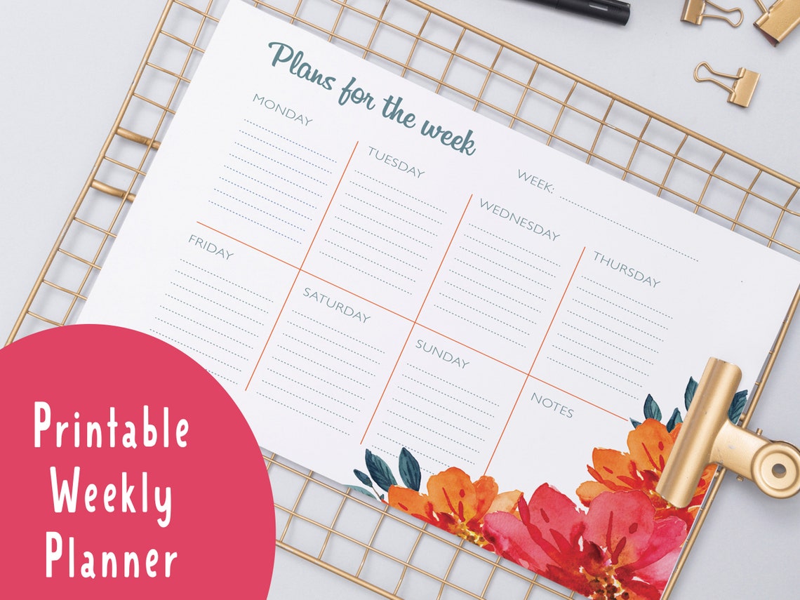 Printable Weekly Planner, Peony Watercolor Art on Weekly Planner ...