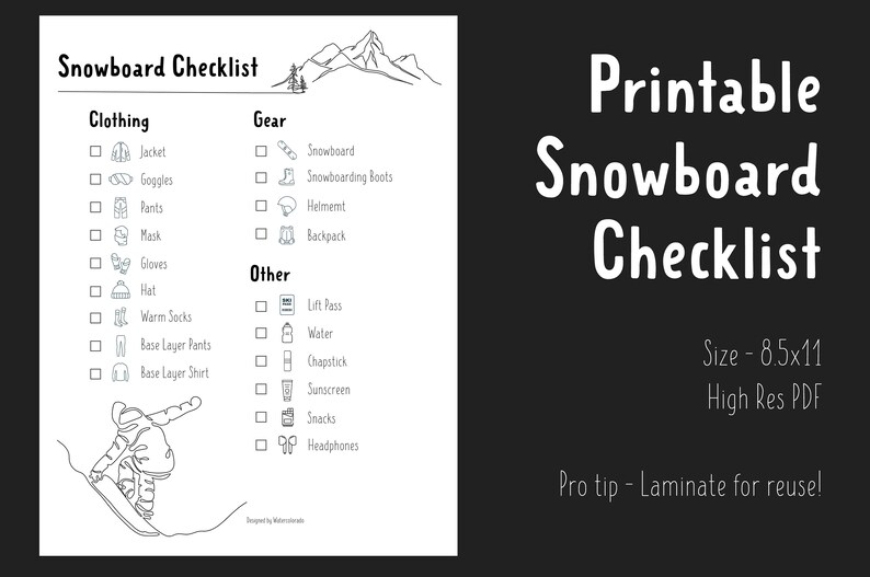Printable Ski AND Snowboarding Checklist. Ski Planner. Snowboard ...