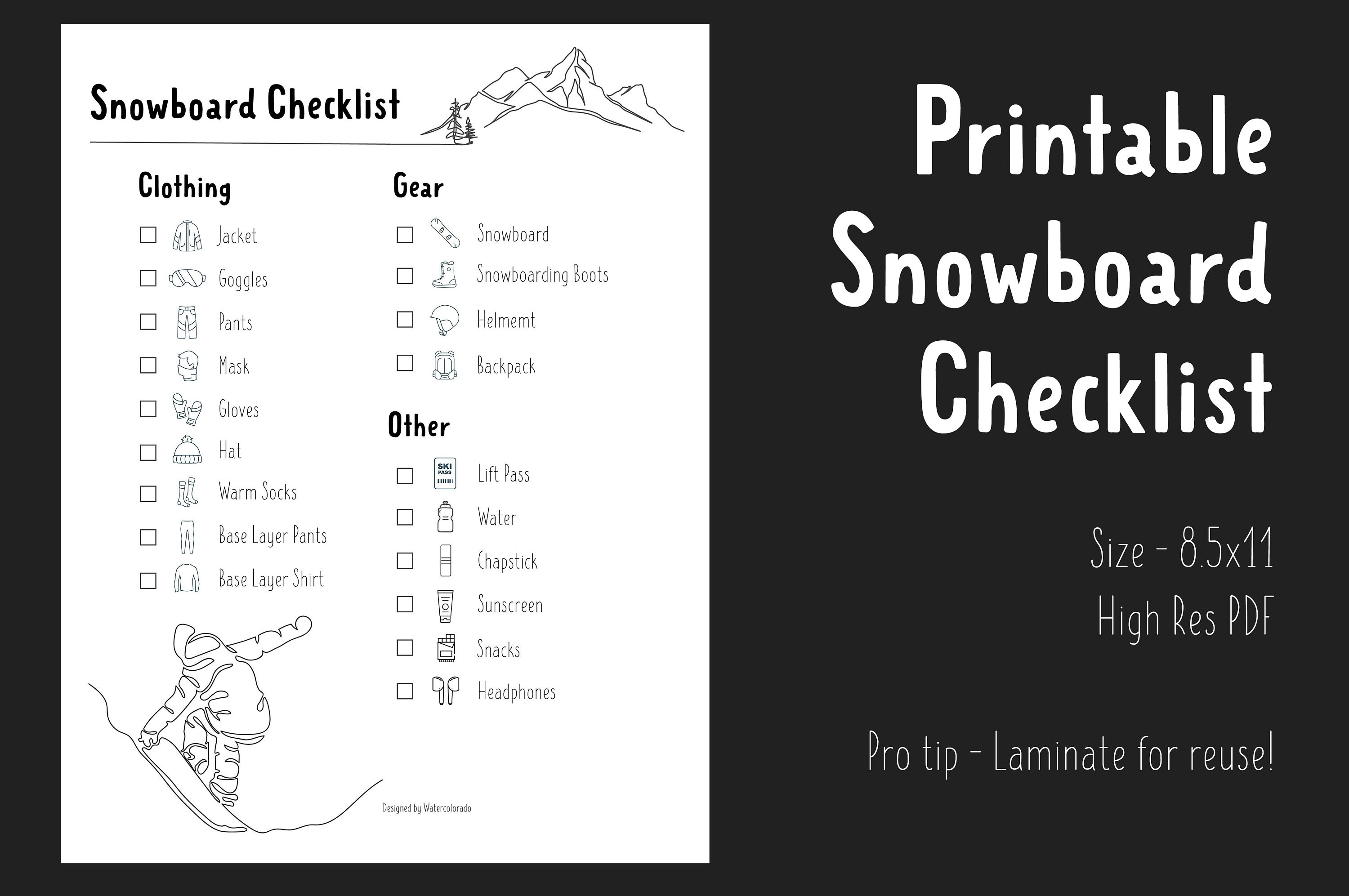 Printable Ski AND Snowboarding Checklist. Ski Planner. Snowboard ...