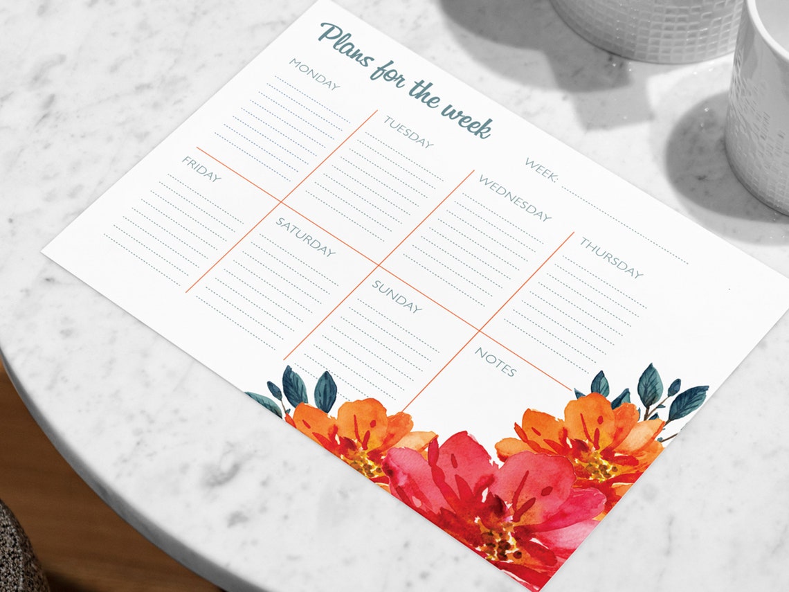 Printable Weekly Planner, Peony Watercolor Art on Weekly Planner ...