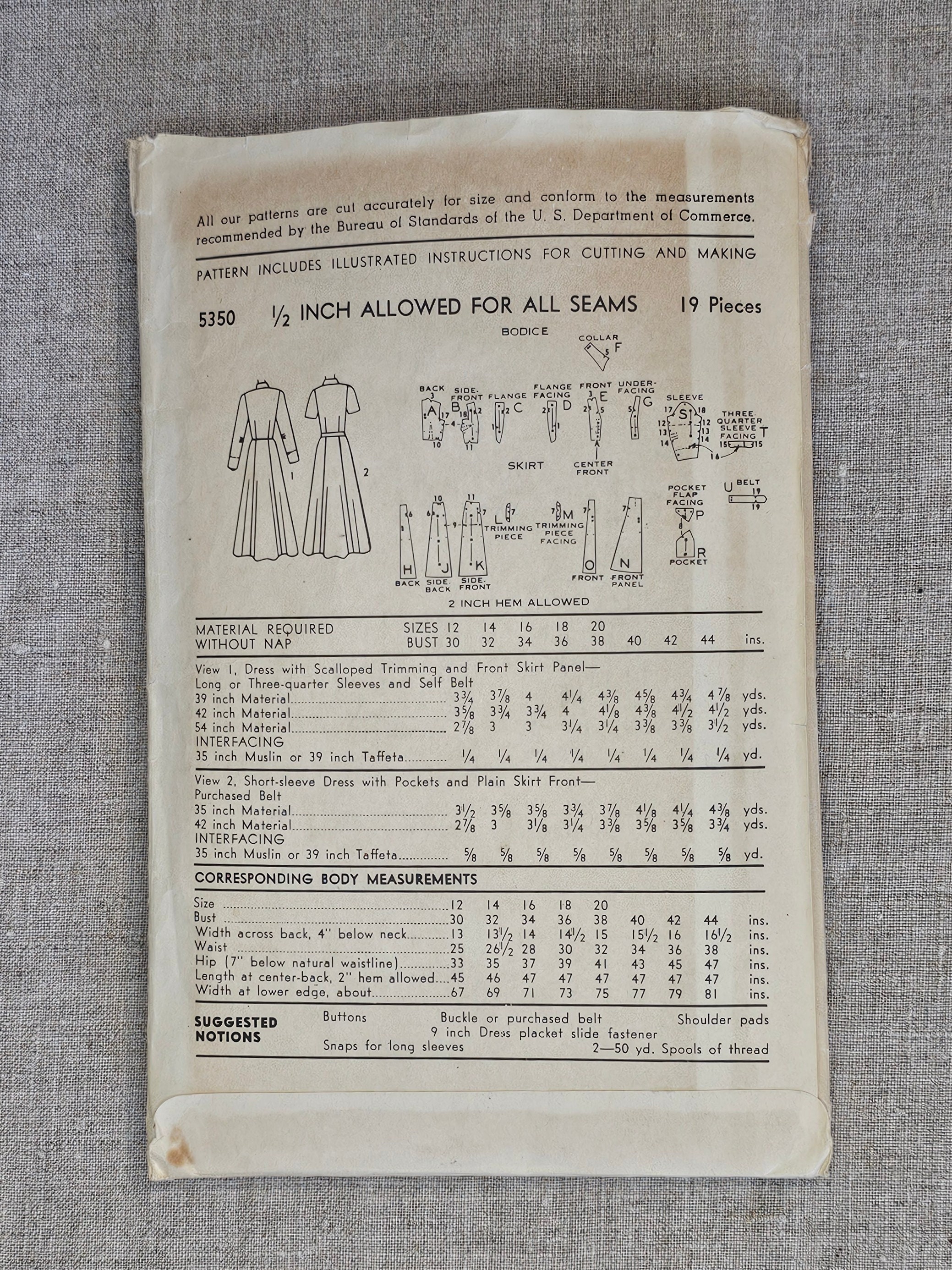 Antique Advance Sewing Pattern # 5350. Original 1940's Dress, 2 Styles ...