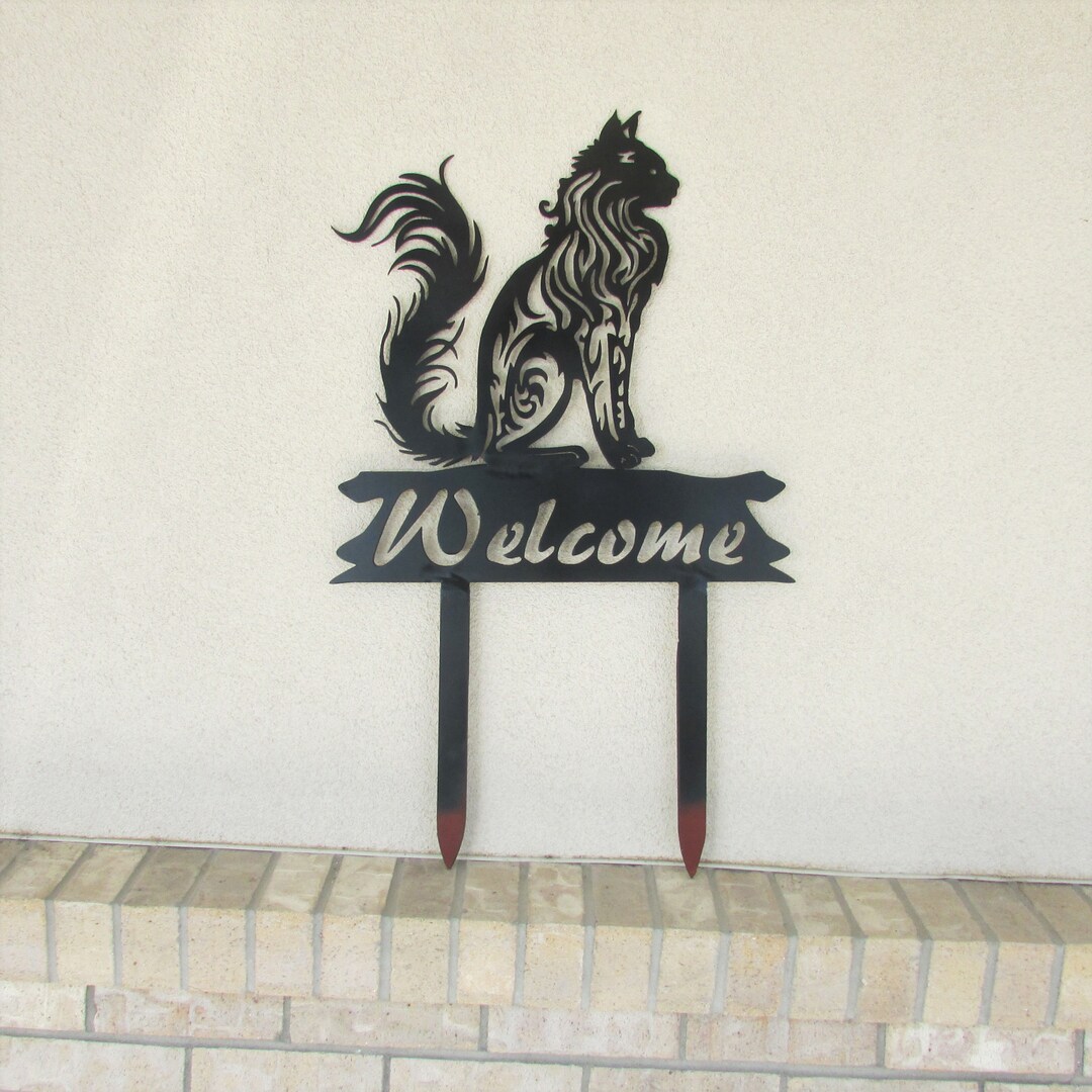 Cat Welcome Sign, Metal Art, Feline, Metal Yard Art, Home Décor, Made ...