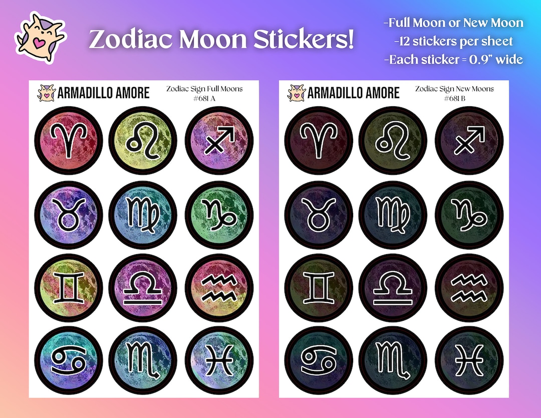 Zodiac Sign Full Moon and New Moon Colorful Stickers for Lunar Journal ...