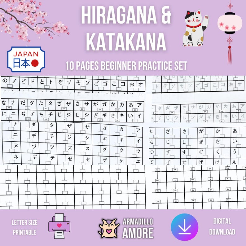 Hiragana & Katakana Practice Sheets Beginner Learn Japanese Kana ...