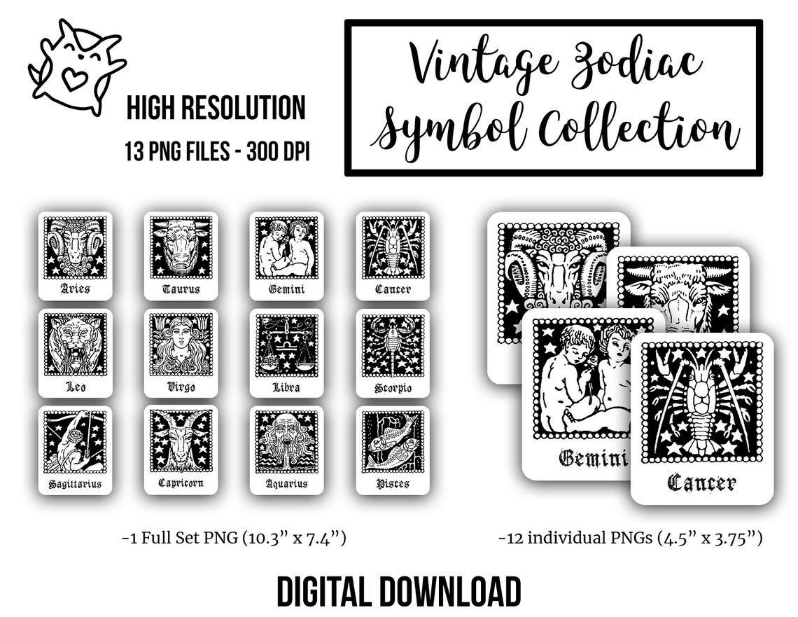 DIGITAL Vintage Zodiac Symbol Illustrations PNG Files Black - Etsy